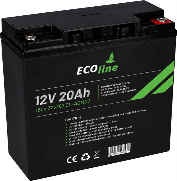 EcoLine - Batterie AGM 12V - 20AH VRLA - 181 x 77 x167 - Batterie à ...